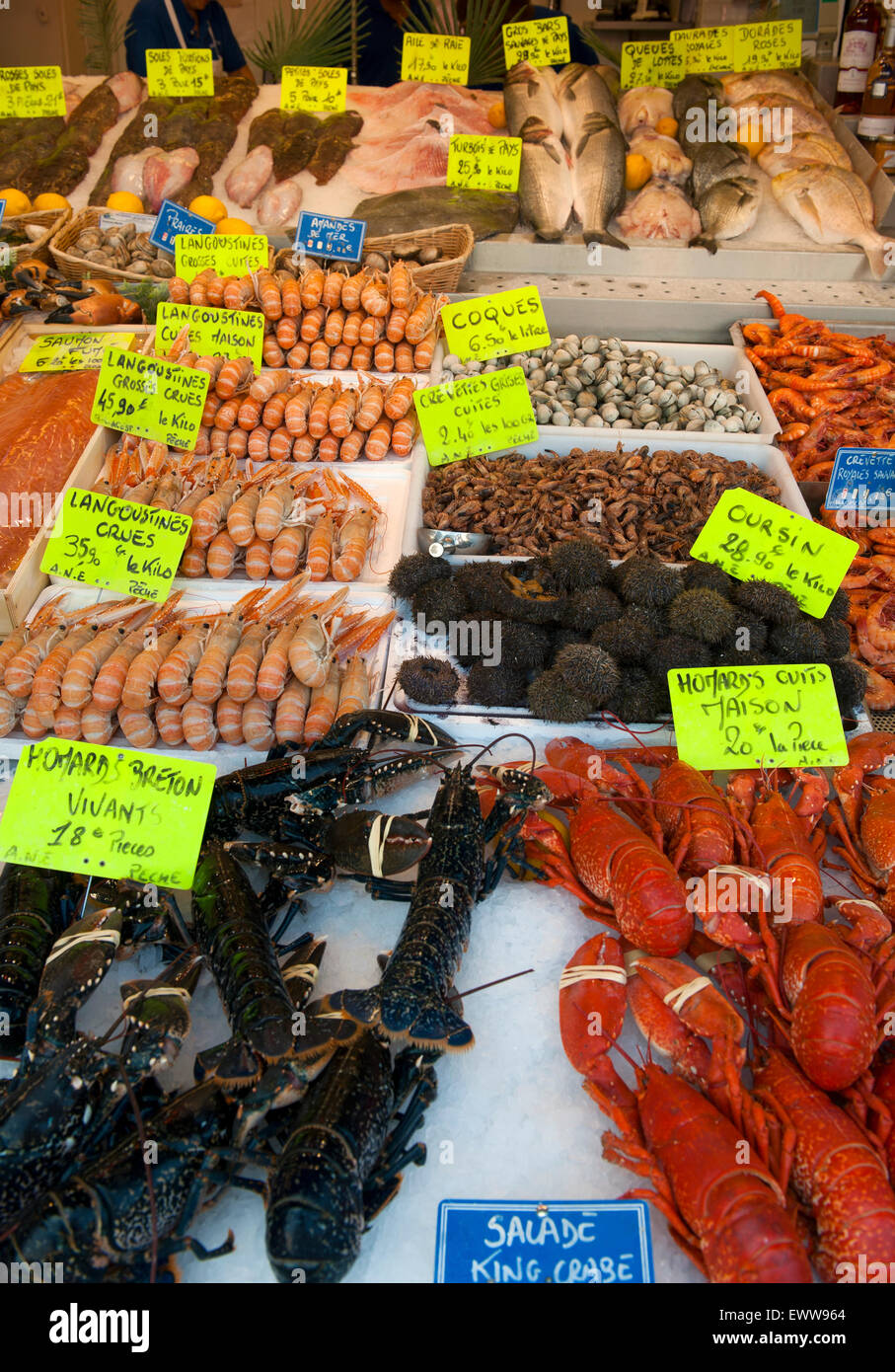 Fish and seafood for sale at the fish market in Trouville, France Stock ...