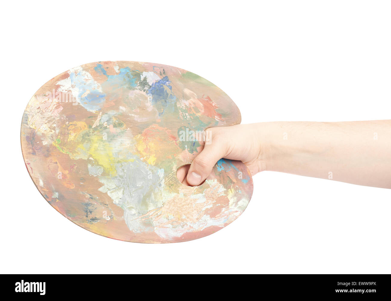 Hand holding a wooden palette isolated Stock Photo - Alamy