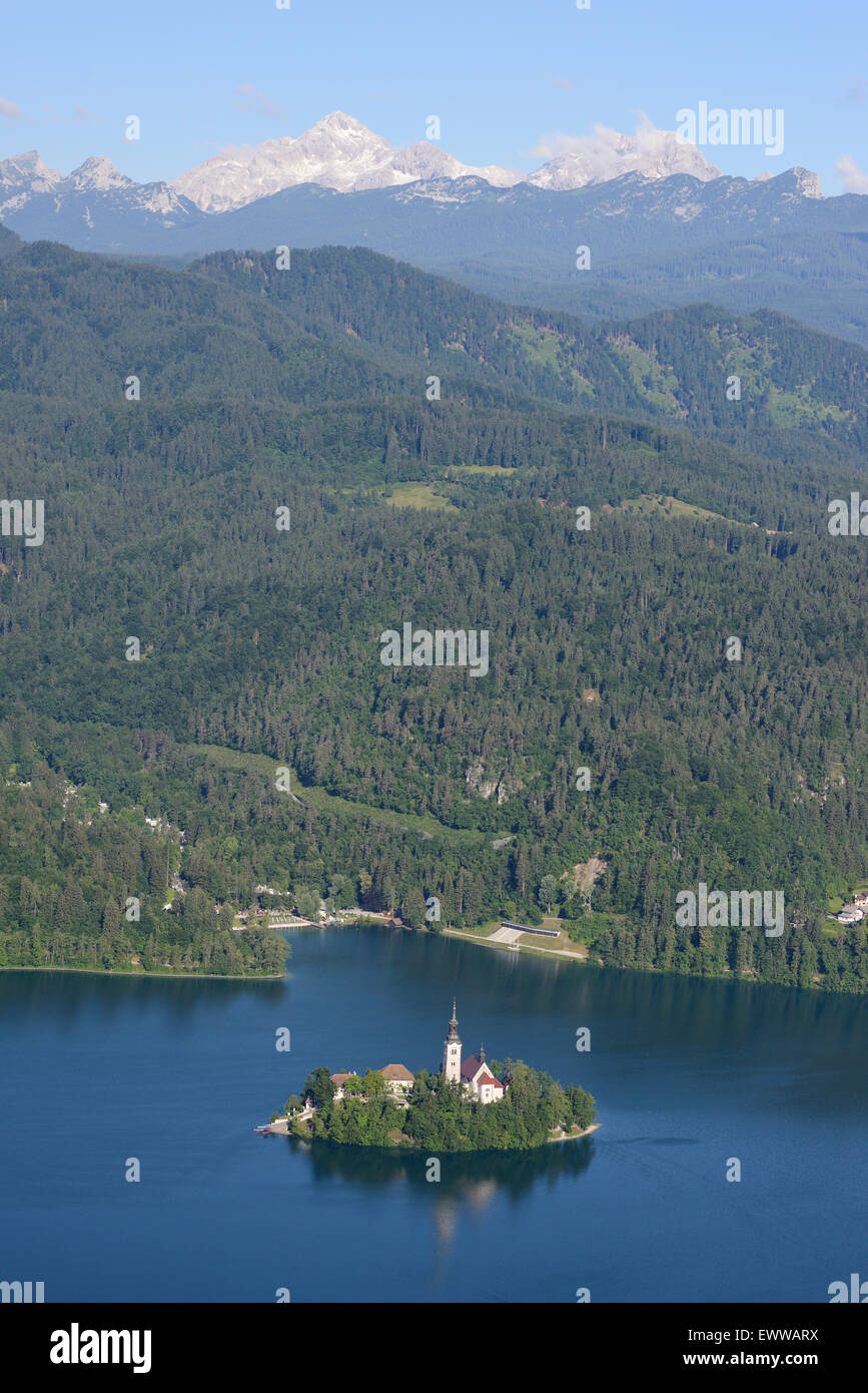 AERIAL VIEW. Bled Island on Lake Bled. Triglav National Park in the ...