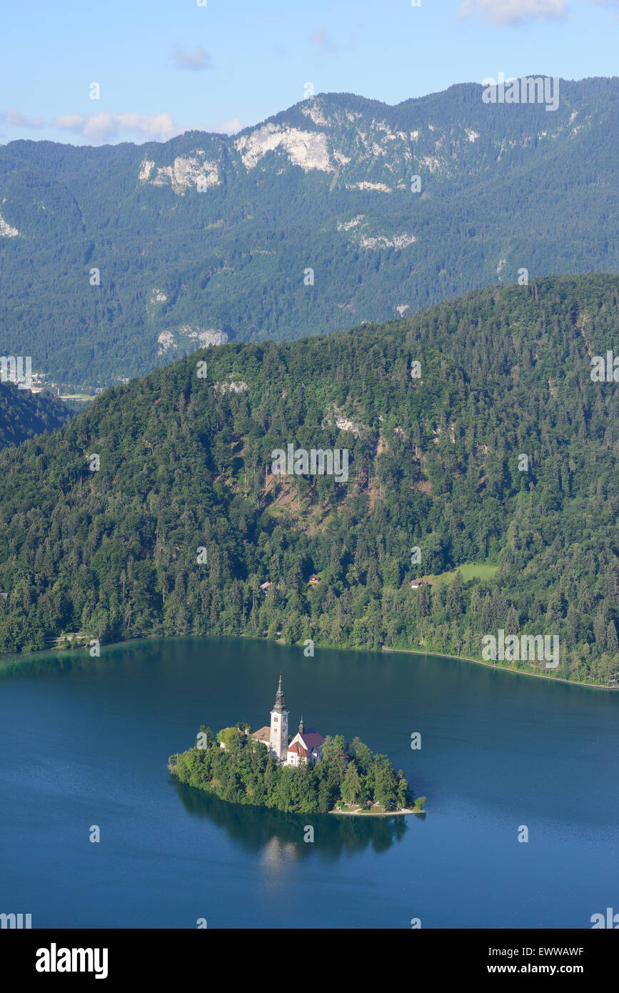 AERIAL VIEW. Bled Island on Lake Bled, viewed from the east with the ...