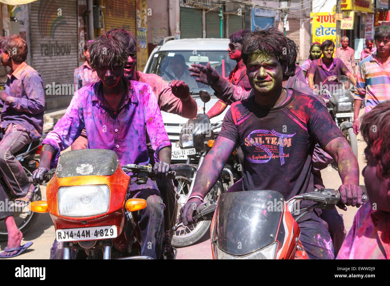 During Holi, colour powder throwing, fun festival exchange of colours ...