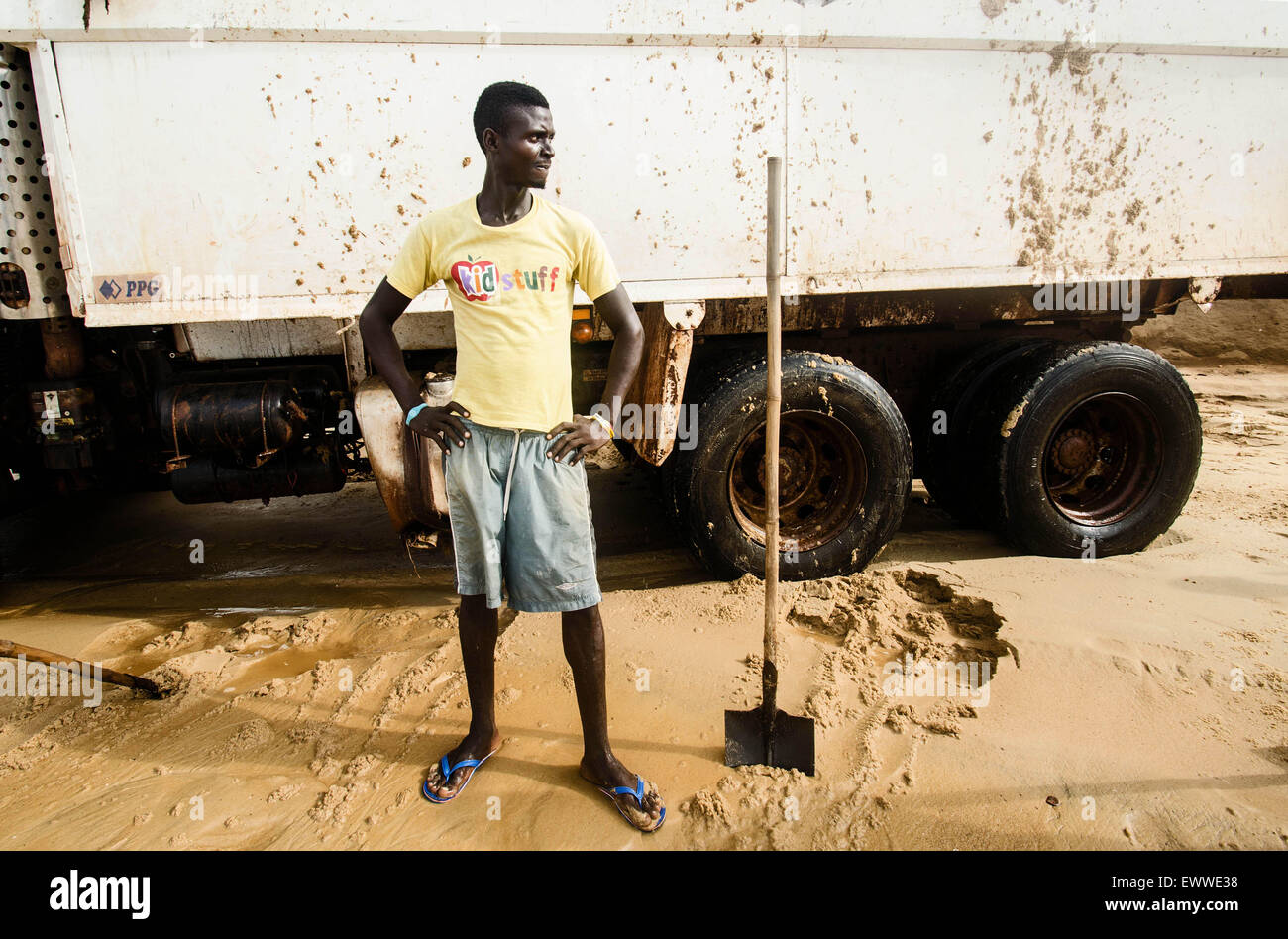 Sand mining along beaches outside Freetown, Sierra Leone Stock Photo ...