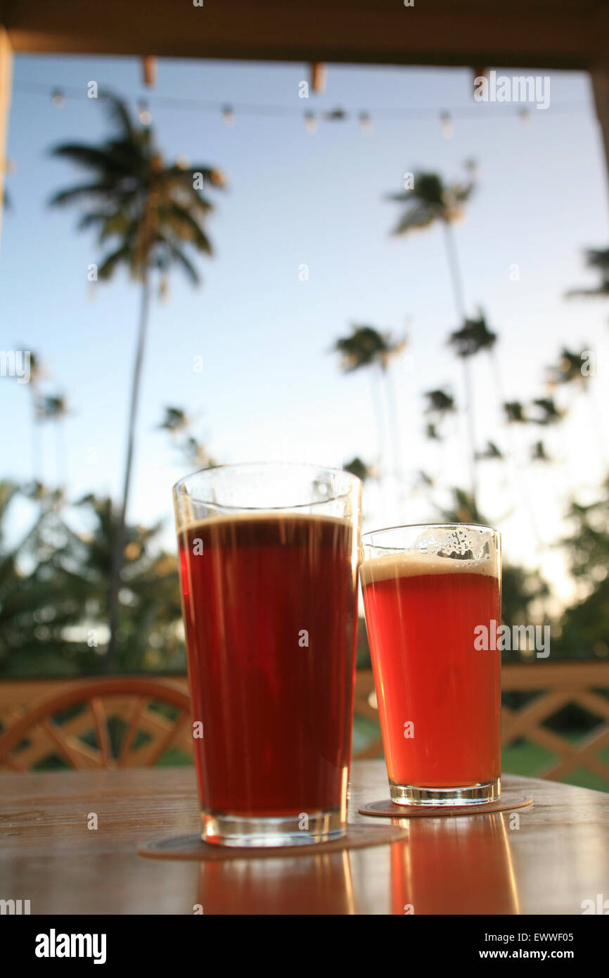 Two pints of beer sit on the table of the Waimea Brewing Company in a ...