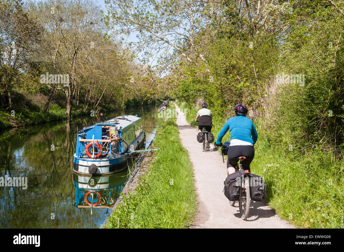 Canal path used by cyclists and walkers. Here cyclist cycling along ...