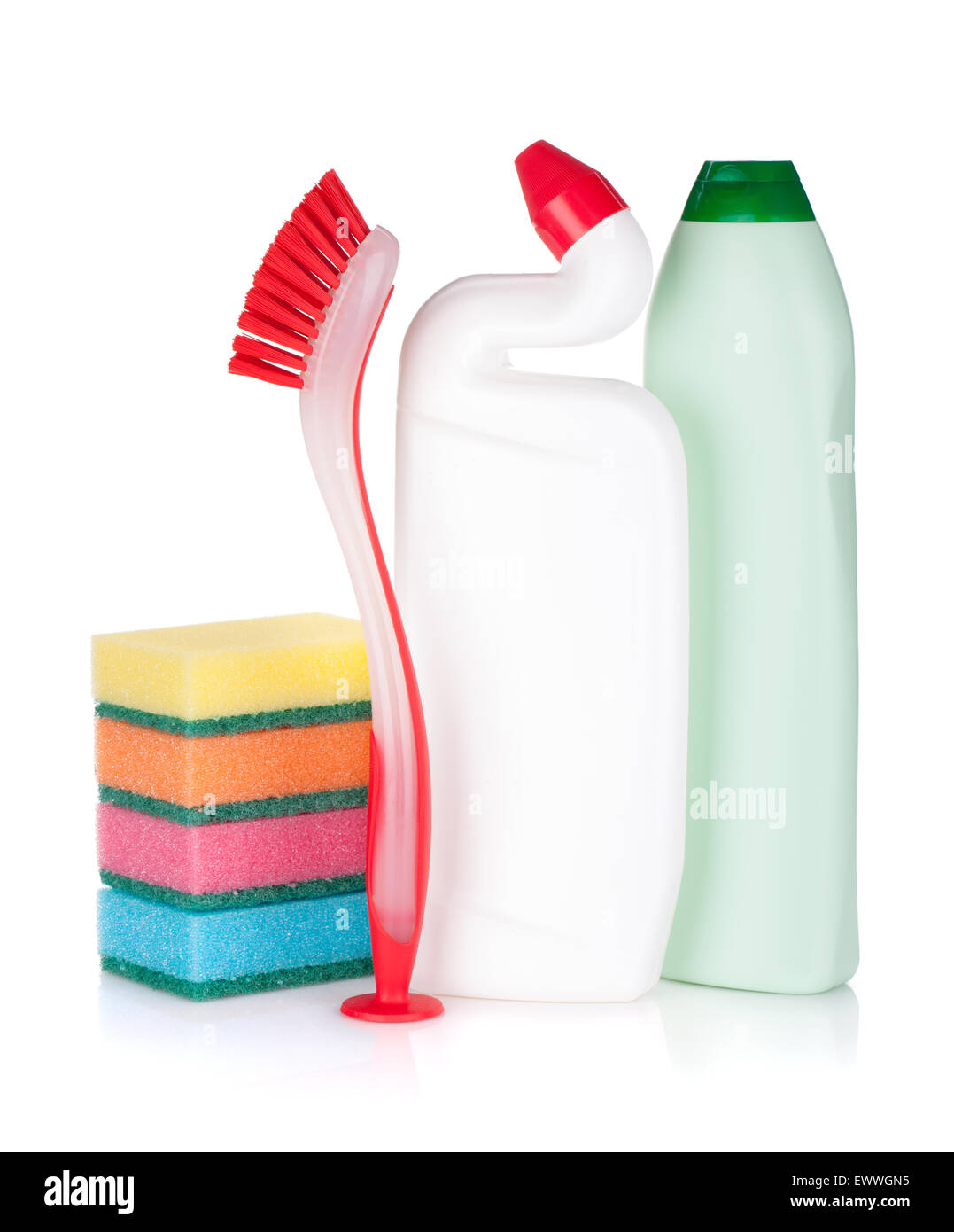 Plastic bottles of cleaning products, sponges and brush. Isolated on ...