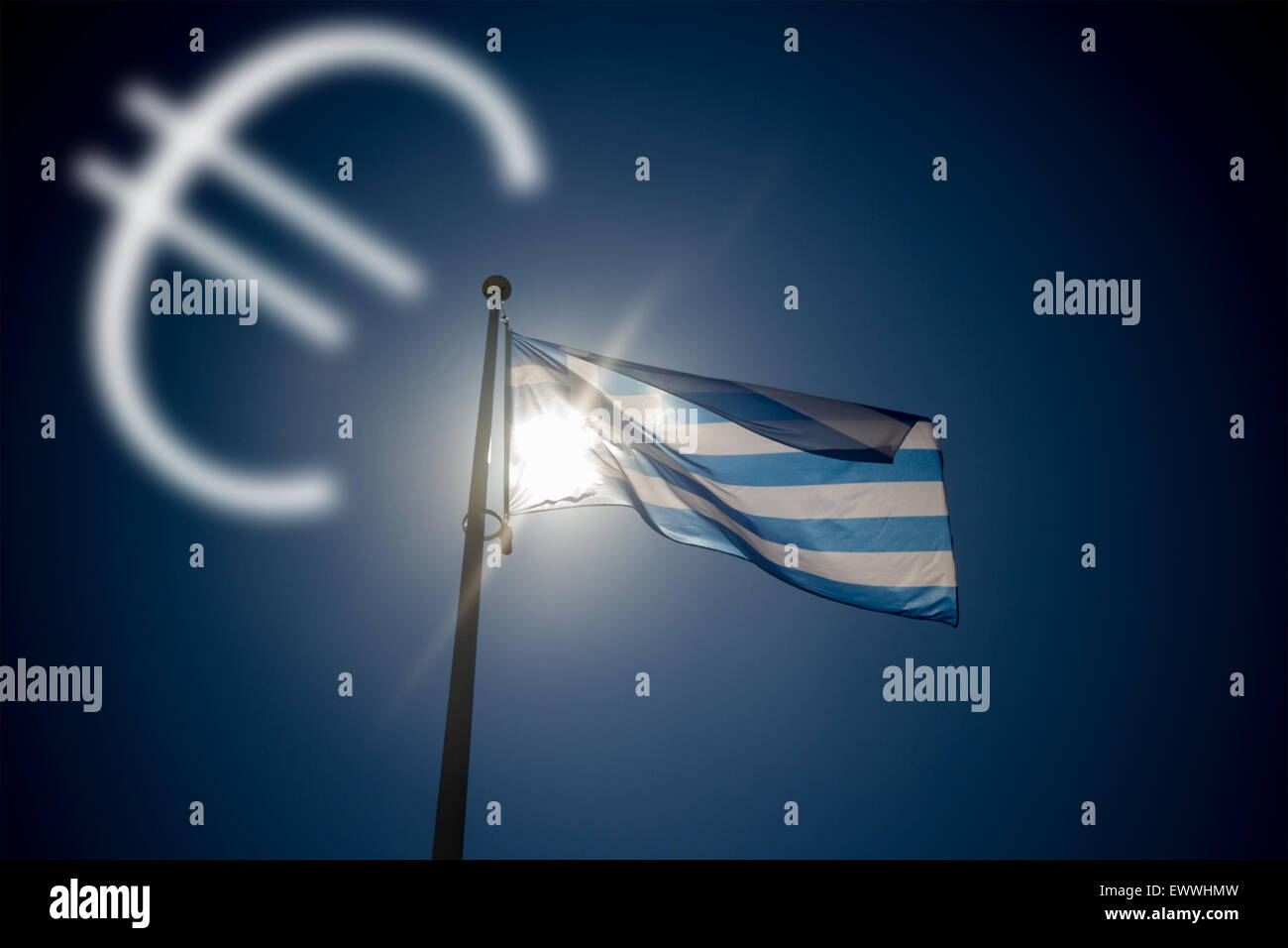 Falling euro, greek flag waving before sun on blue sky, illustration ...