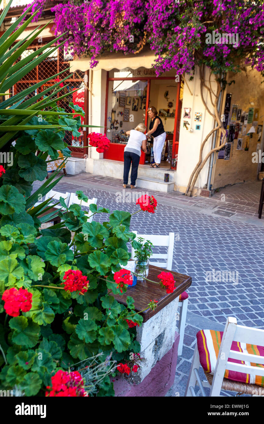 Chania cafe street Crete tavern Greece Bougainvillea flowers street ...