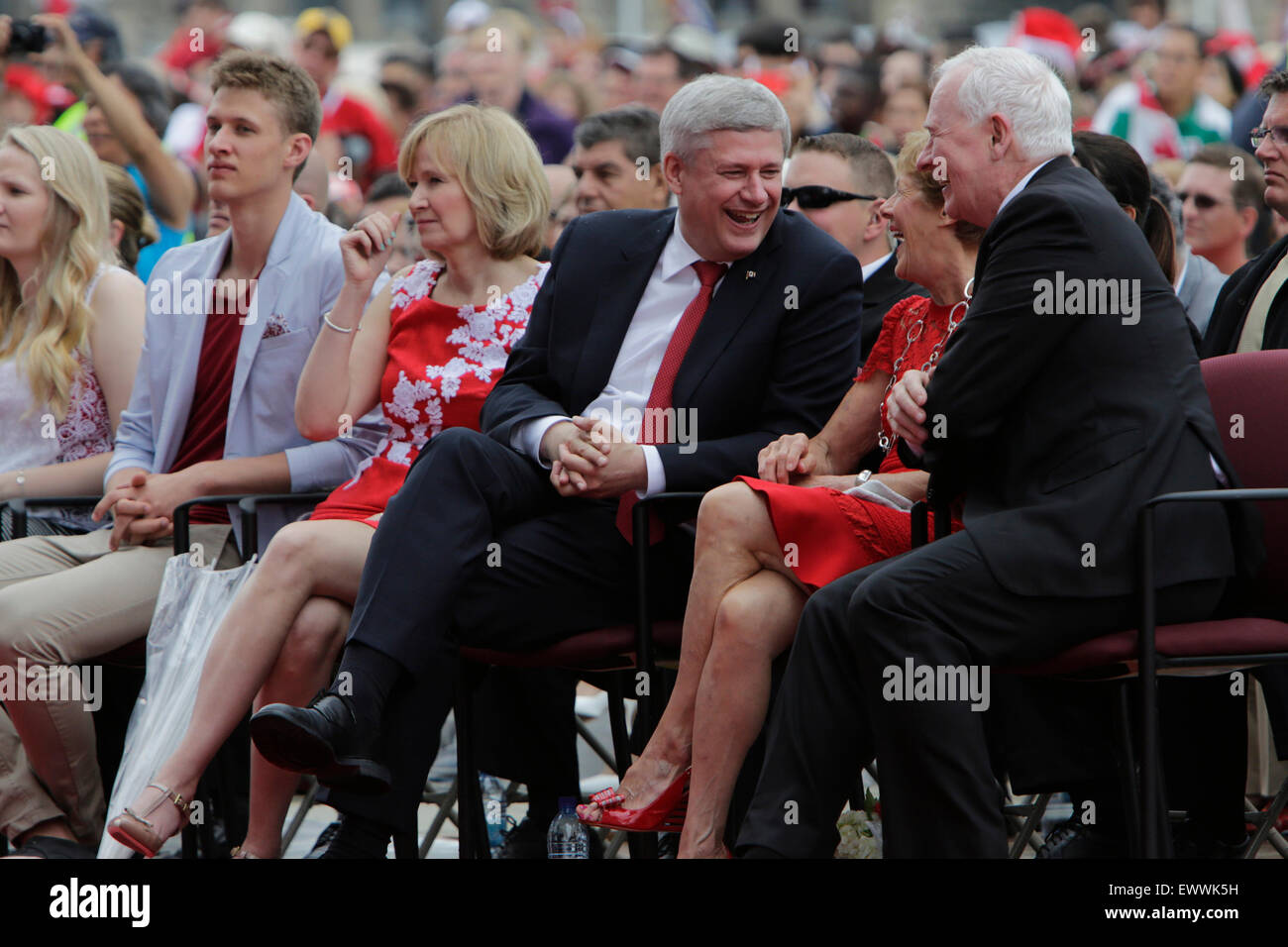 Ottawa, Canada. 1st July, 2015. Canada's Prime Minister Stephen Harper (3rd R) shares a laugh ...