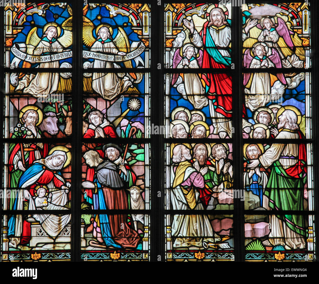 Stained glass window depicting a Nativity Scene at Christmas and the ...