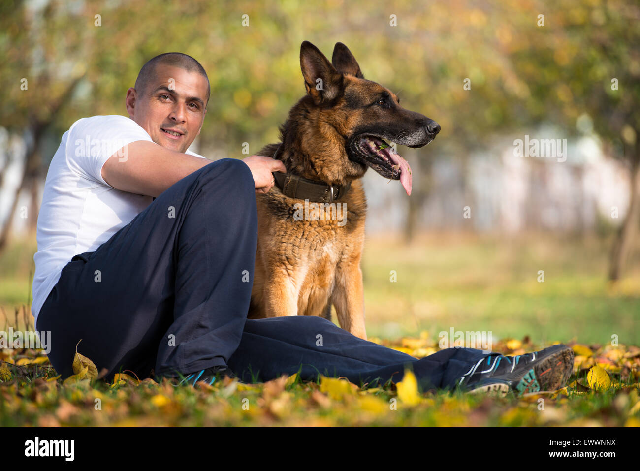 Man Holding Dog German Shepherd Stock Photo - Alamy