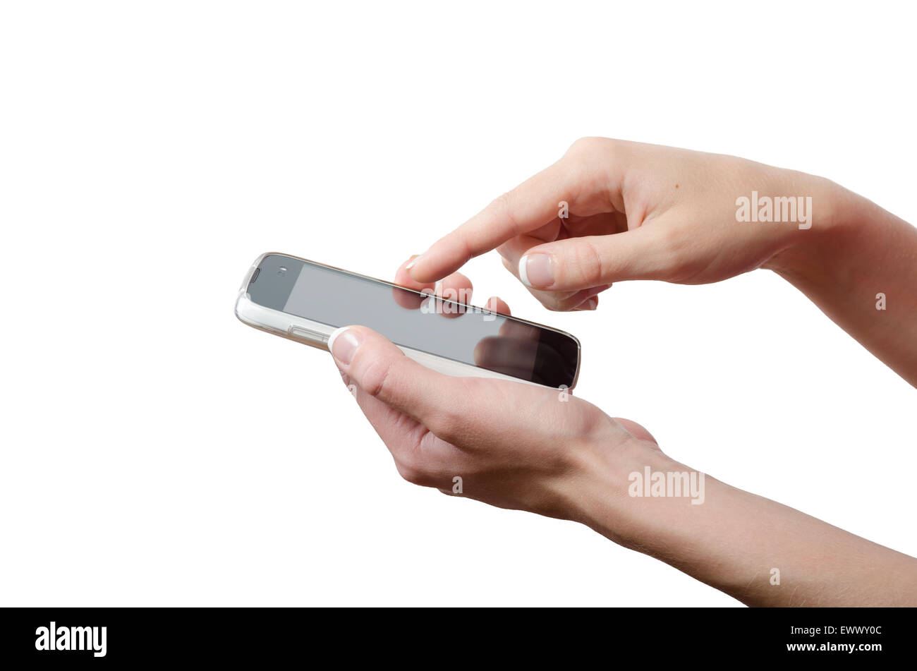 Human hands holding cell phone (smartphone) with blank empty screen ...