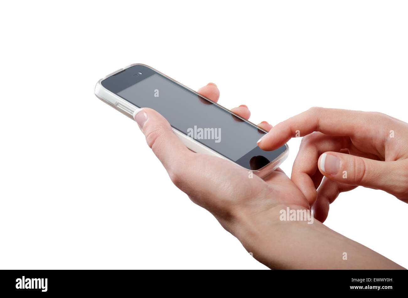 Human hands holding cell phone (smartphone) with blank empty screen ...