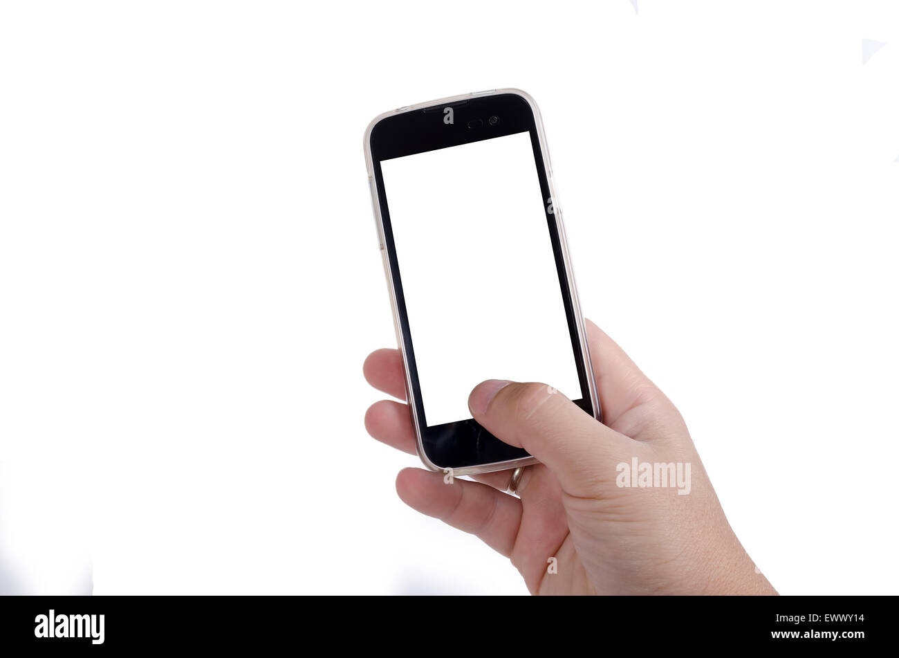 Human hand holding cell phone (smartphone) with blank empty screen ...