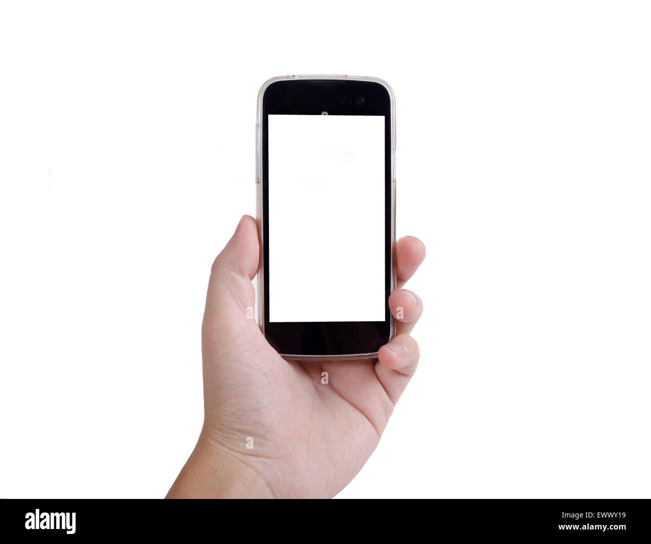 Human hand holding cell phone (smartphone) with blank empty screen ...