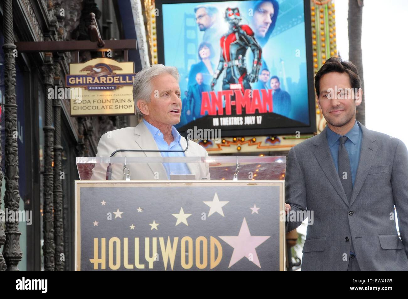 Los Angeles, CA, USA. 1st July, 2015. Michael Douglas, Paul Rudd at the ...