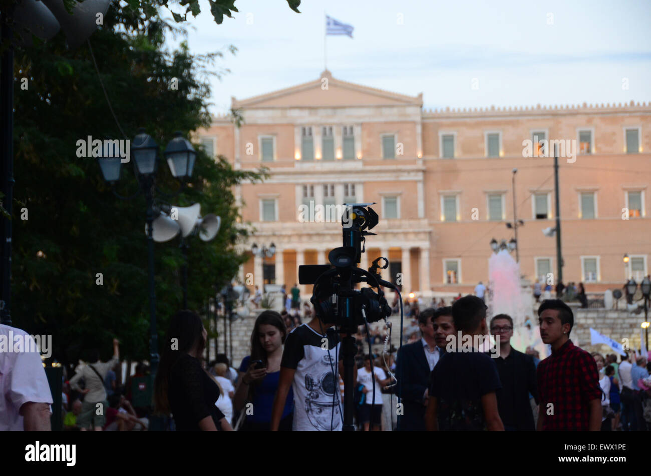 Athens, Greece. 01st July, 2015. A camera from foreign media stands on ...