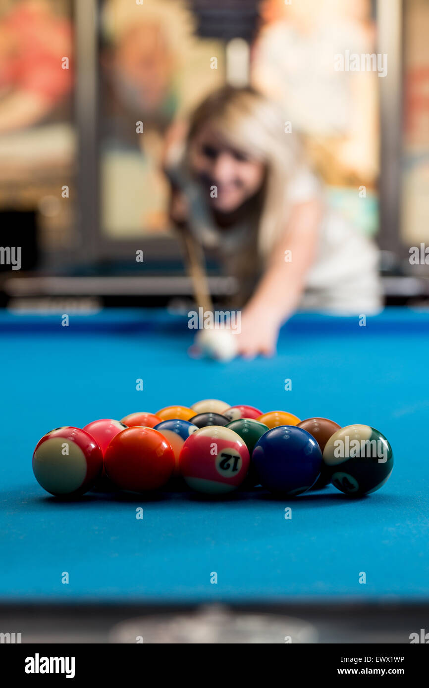 Women Lining Ball Up To Break In Pool Stock Photo - Alamy