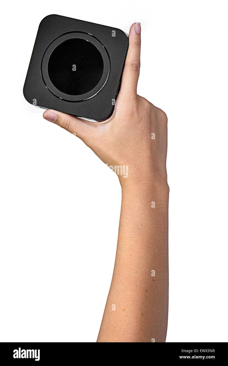 Hand holding square black box and black circle inside box Stock Photo ...
