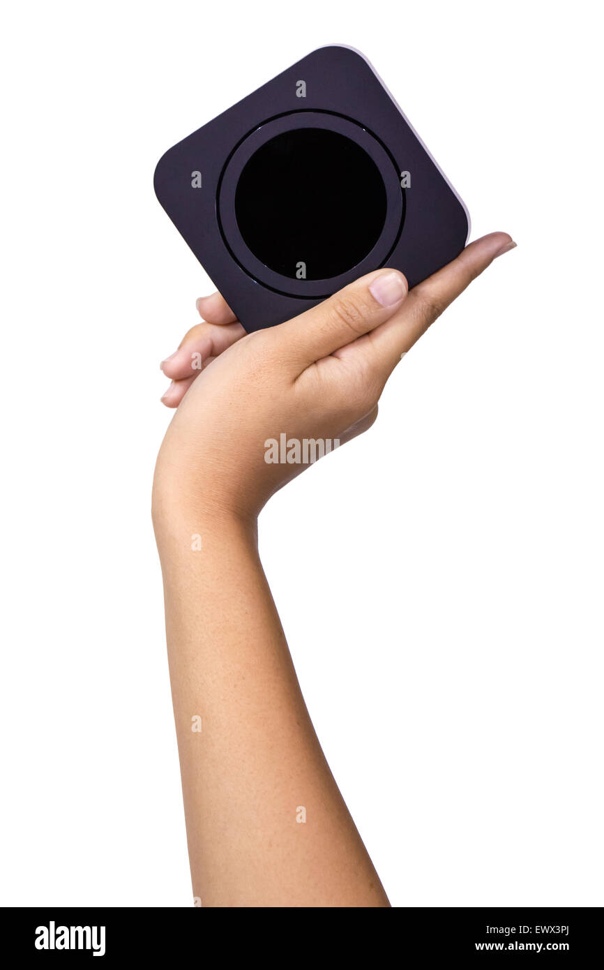 Hand holding square black box and black circle inside box Stock Photo ...