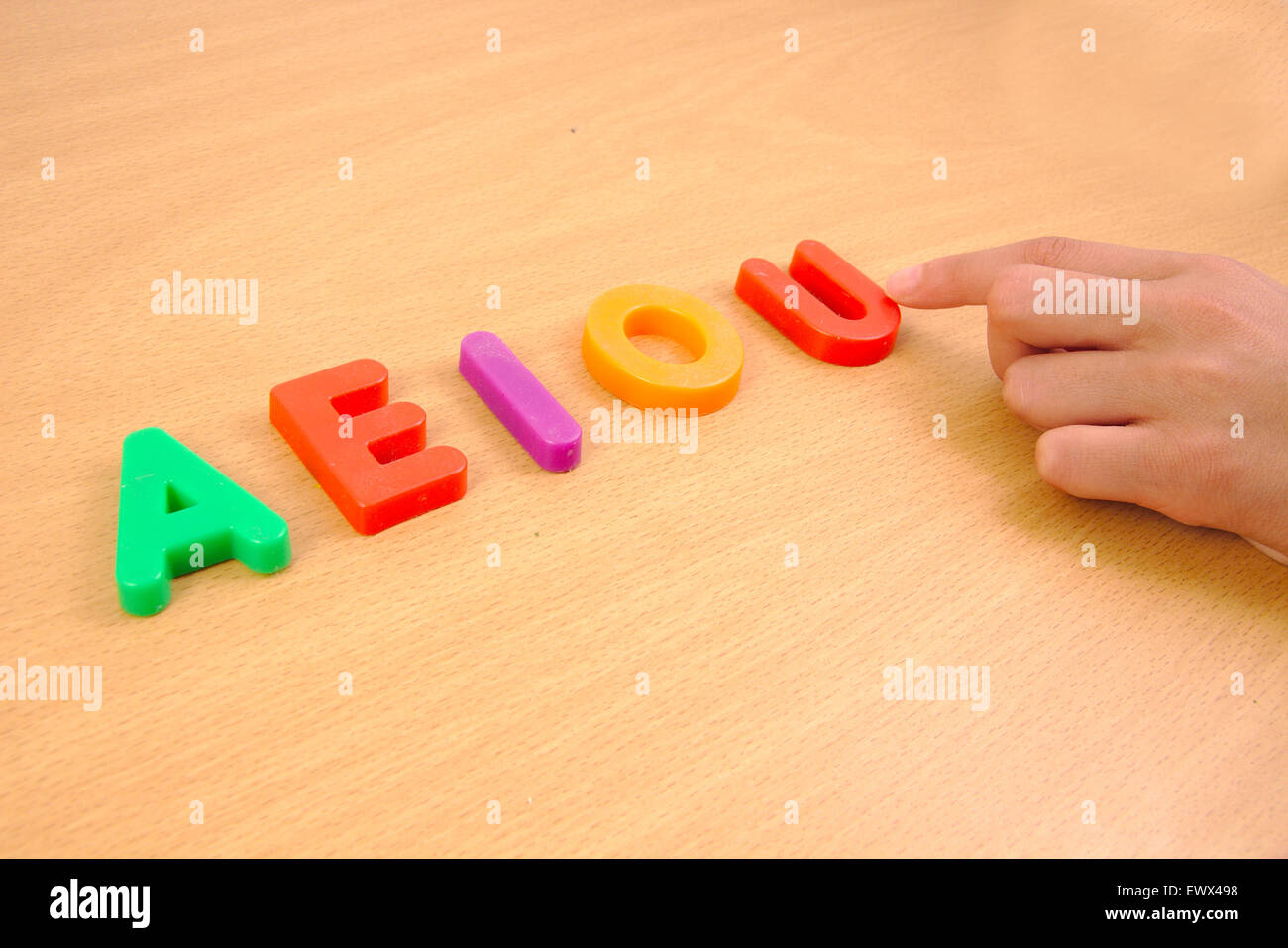 Letters a e i o and u and a child hand. School concept Stock Photo - Alamy