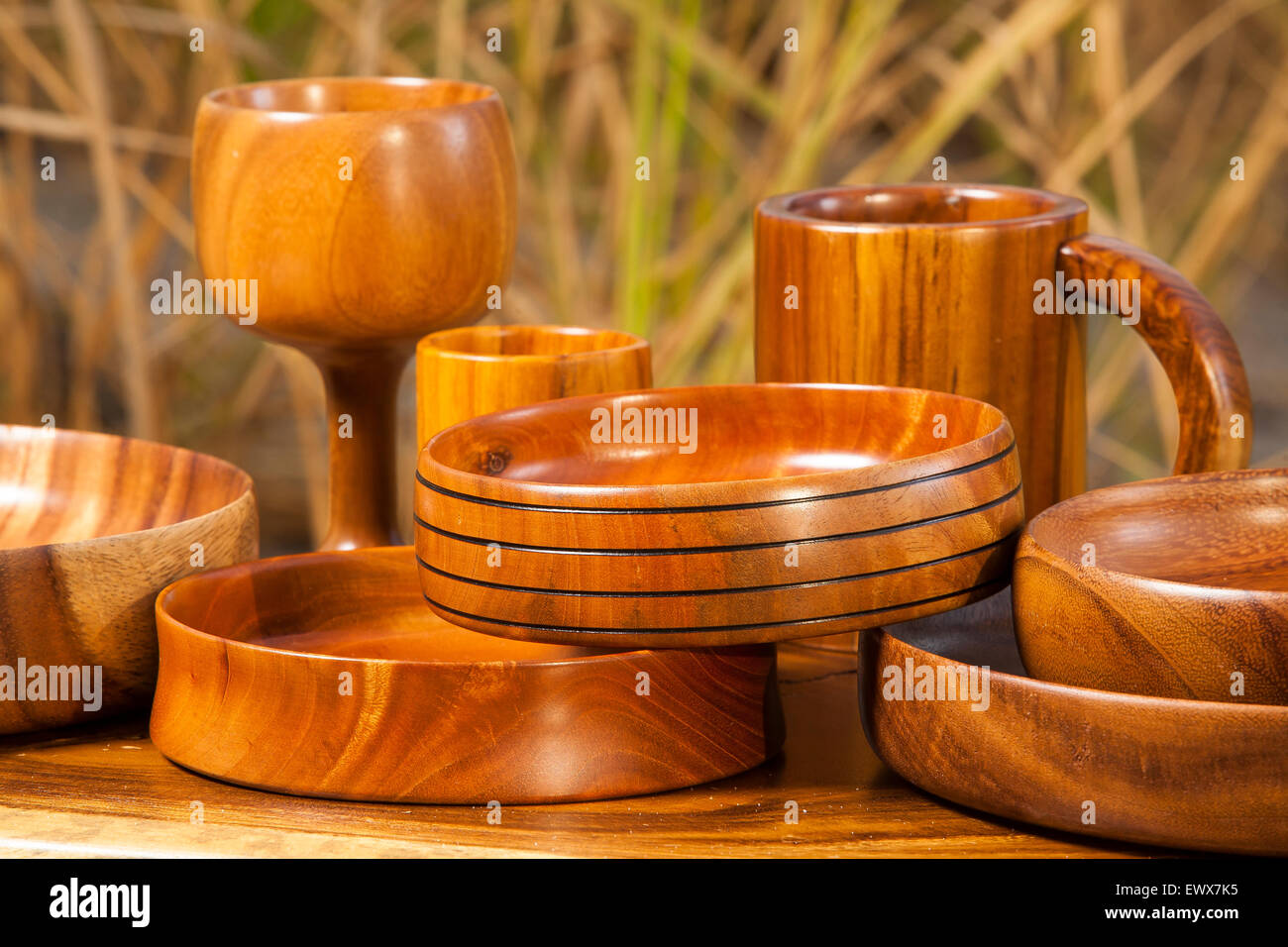 A table, bowls and tableware handmade from wood, local Costa Rican ...