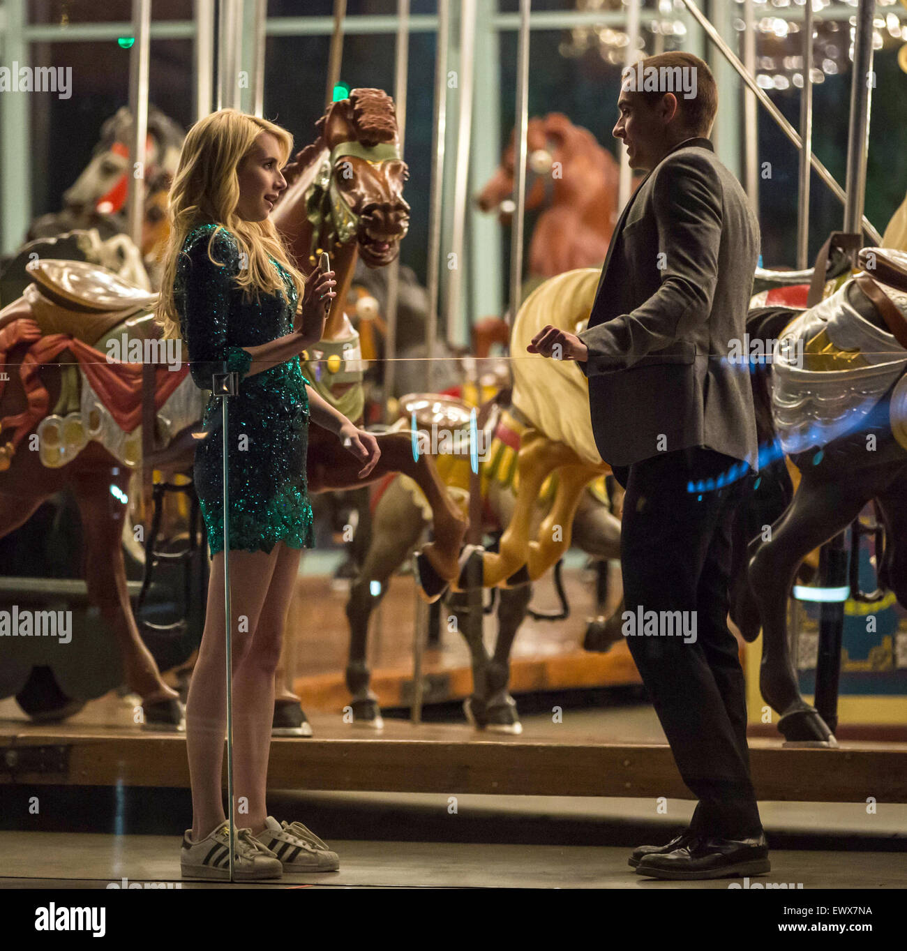 Emma Roberts and Dave Franco film a scene on a carousel for their new ...
