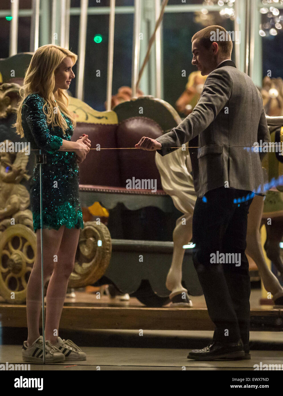 Emma Roberts and Dave Franco film a scene on a carousel for their new ...