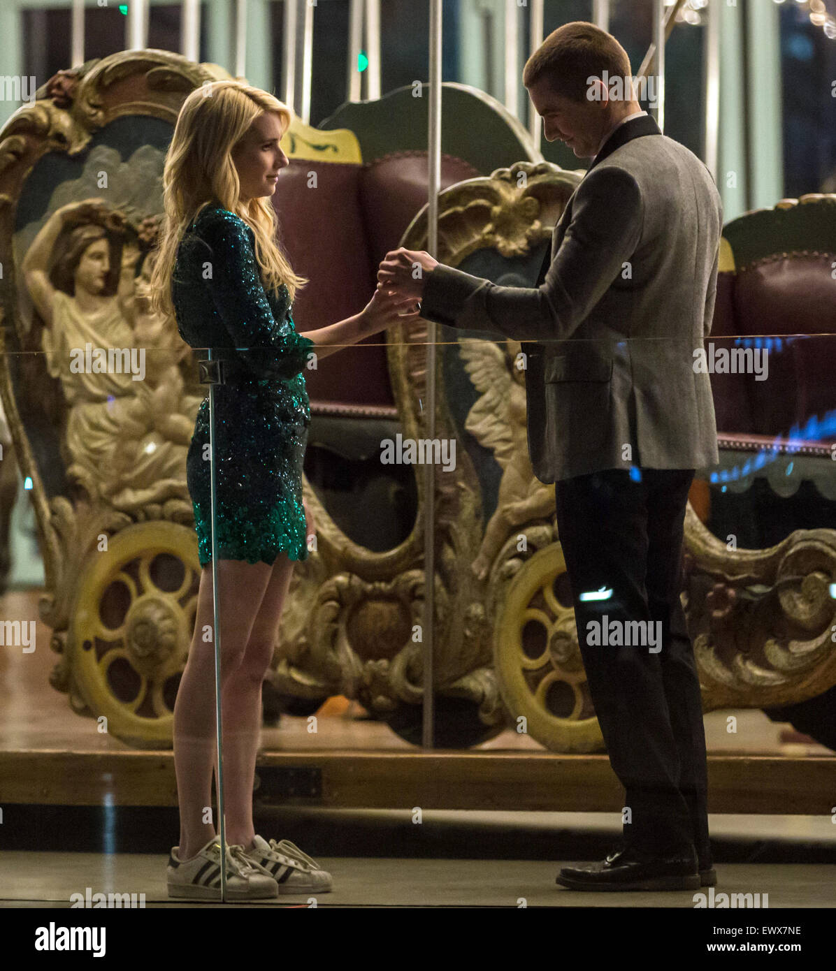 Emma Roberts and Dave Franco film a scene on a carousel for their new ...