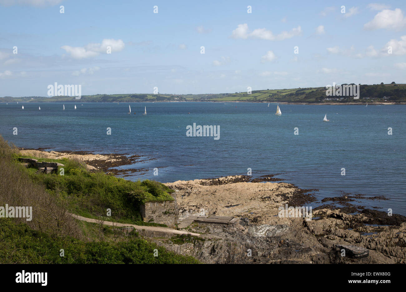 Sailing boats in River Fal estuary from Pendennis Point, Falmouth ...
