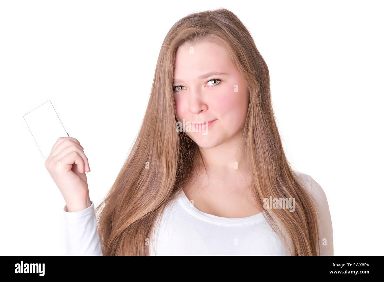 pretty young girl with card Stock Photo - Alamy