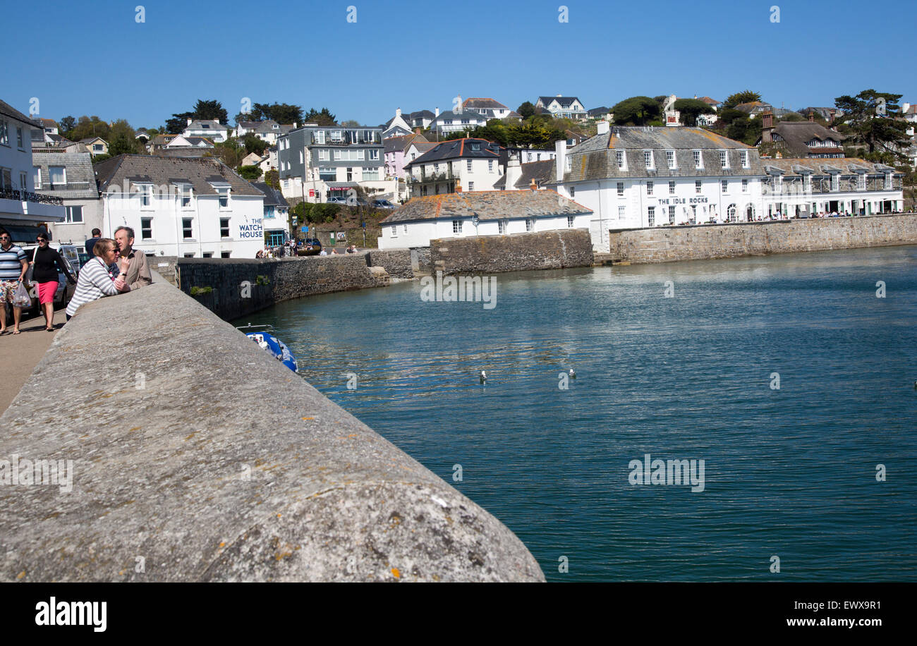Village buildings and harbour wall, St Mawes, Cornwall, England, UK ...