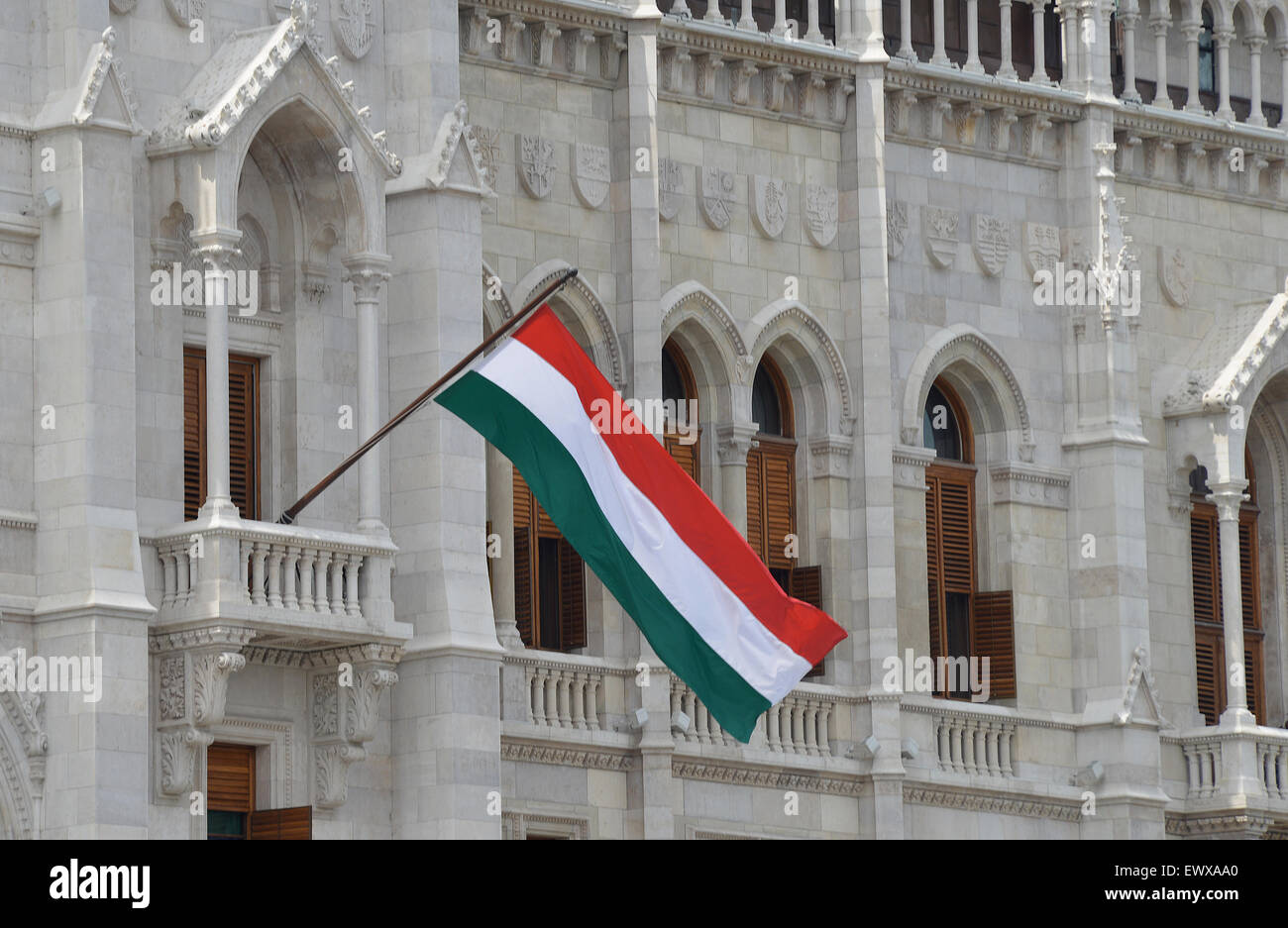 hungarian flag on the facade of Parliament palace Budapest Hungary ...