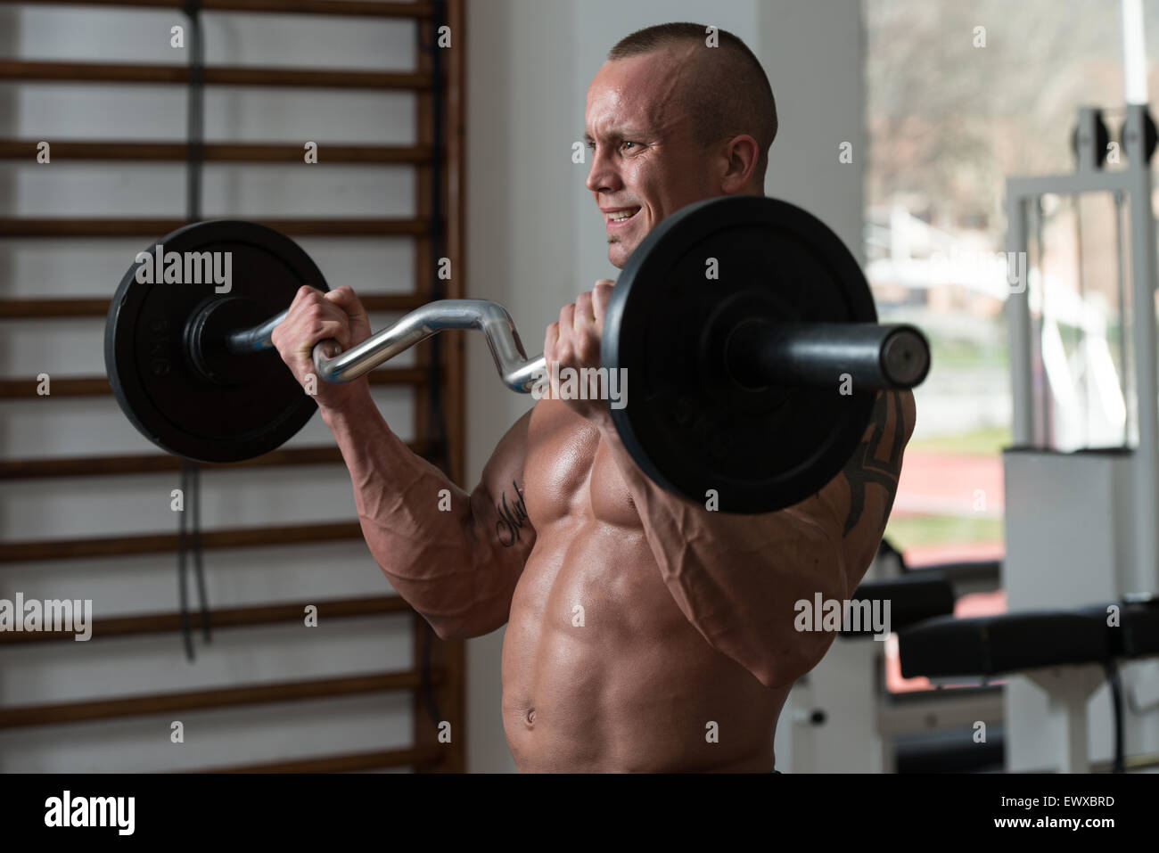 Healthy Man Working Out Biceps In A Health Club Stock Photo - Alamy