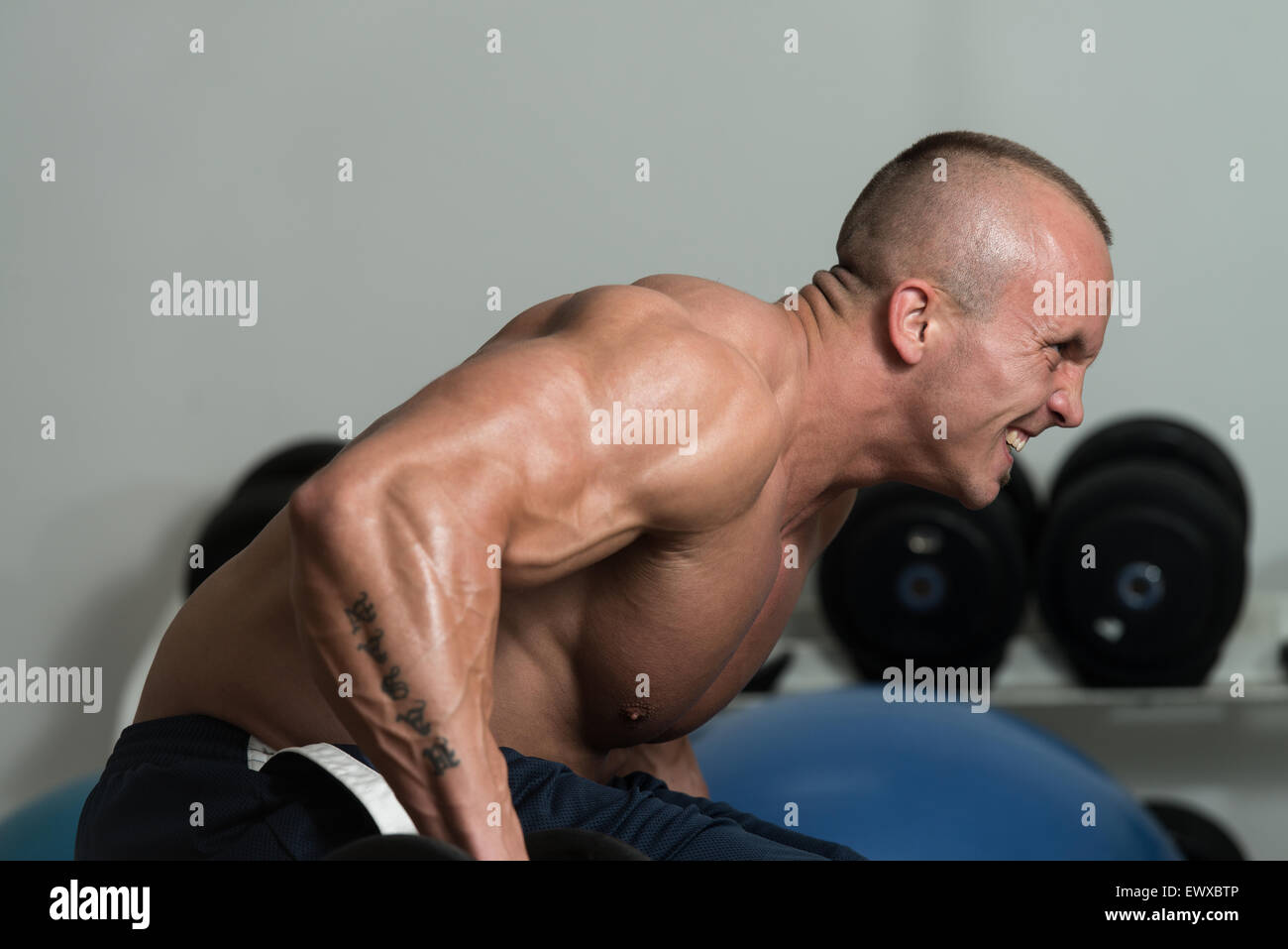 Healthy Man Doing Back Exercises In The Gym With Dumbbell Stock Photo ...