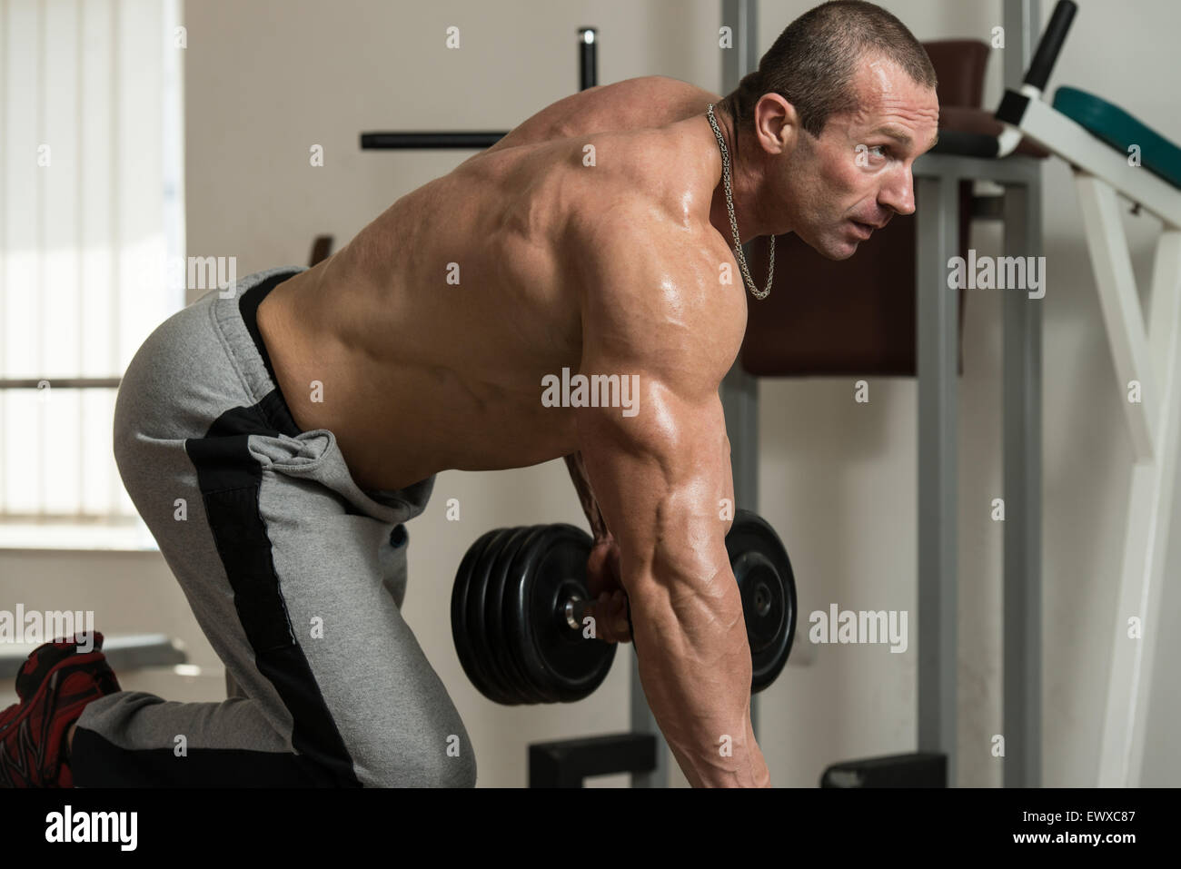 Healthy Man Doing Back Exercises In The Gym With Dumbbell Stock Photo ...