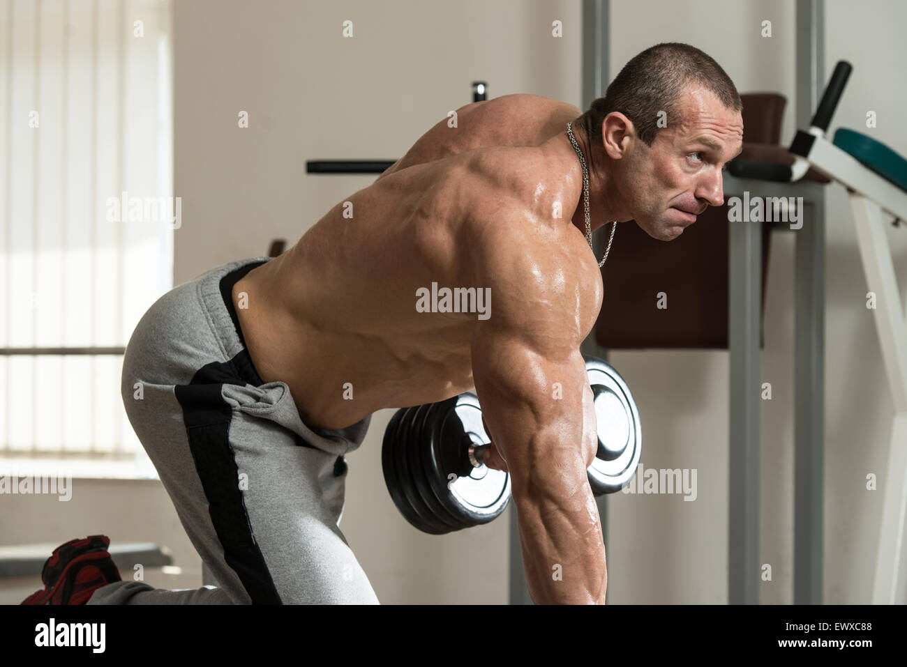 Healthy Man Doing Back Exercises In The Gym With Dumbbell Stock Photo ...