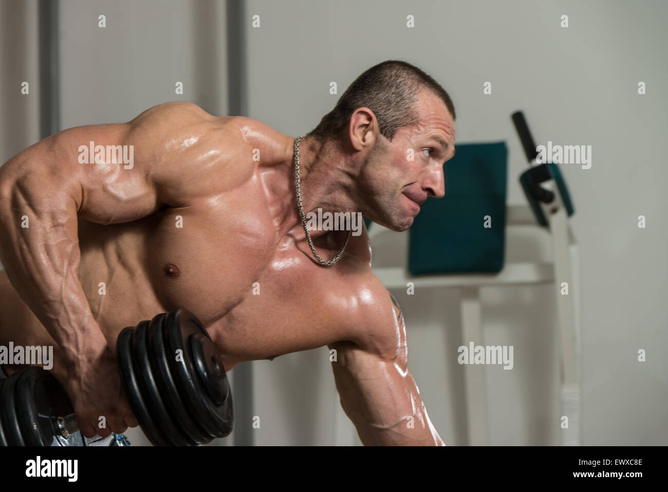 Healthy Man Doing Back Exercises In The Gym With Dumbbell Stock Photo ...