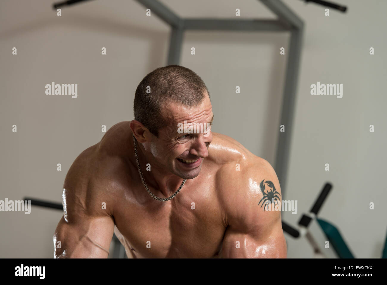 Healthy Man Doing Back Exercises In The Gym With Dumbbell Stock Photo ...