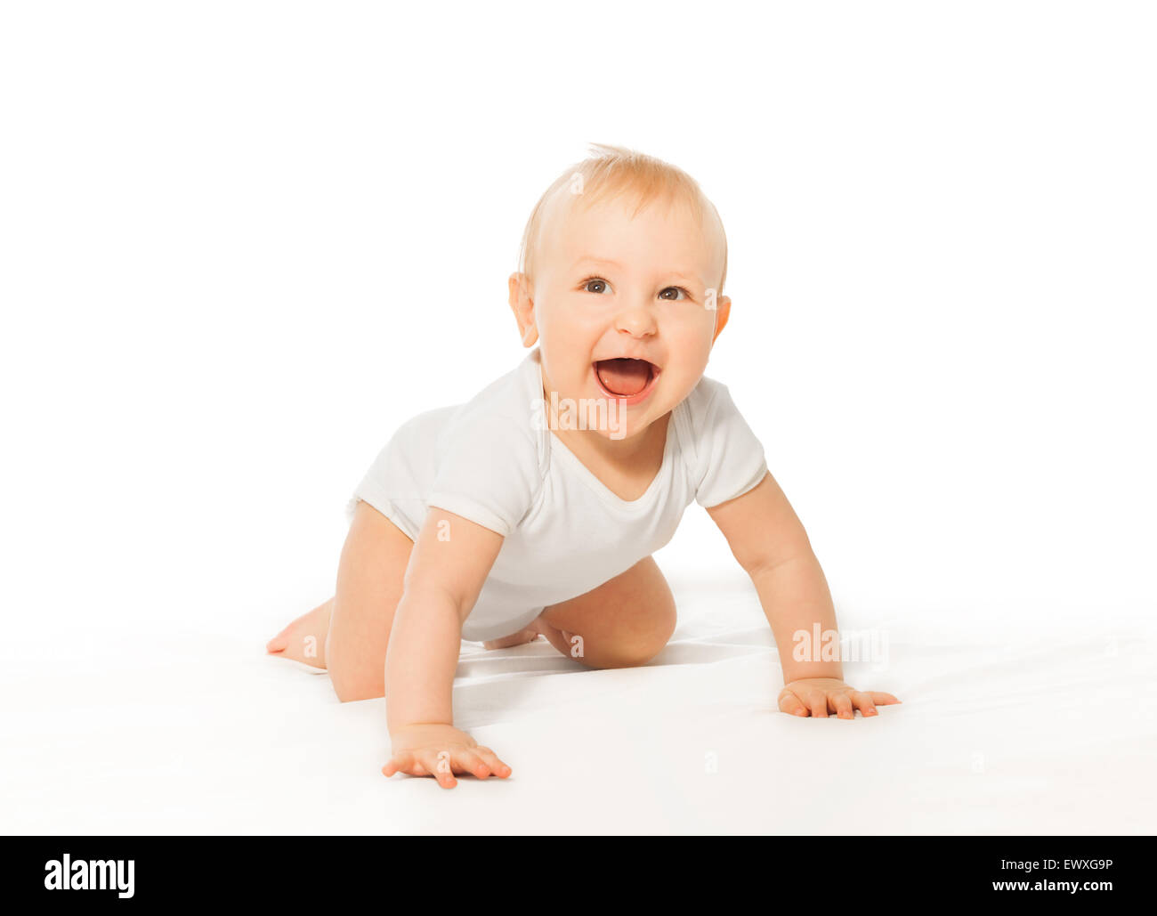 Laughing cute baby wears crawl with happy smile Stock Photo - Alamy