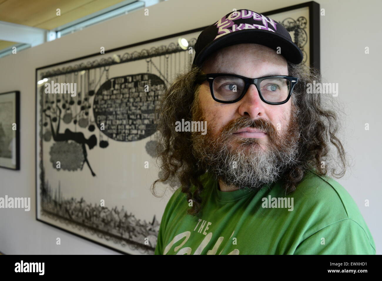 Fine artist Rob Ryan is shown at Yorkshire Sculpture Park with some of ...