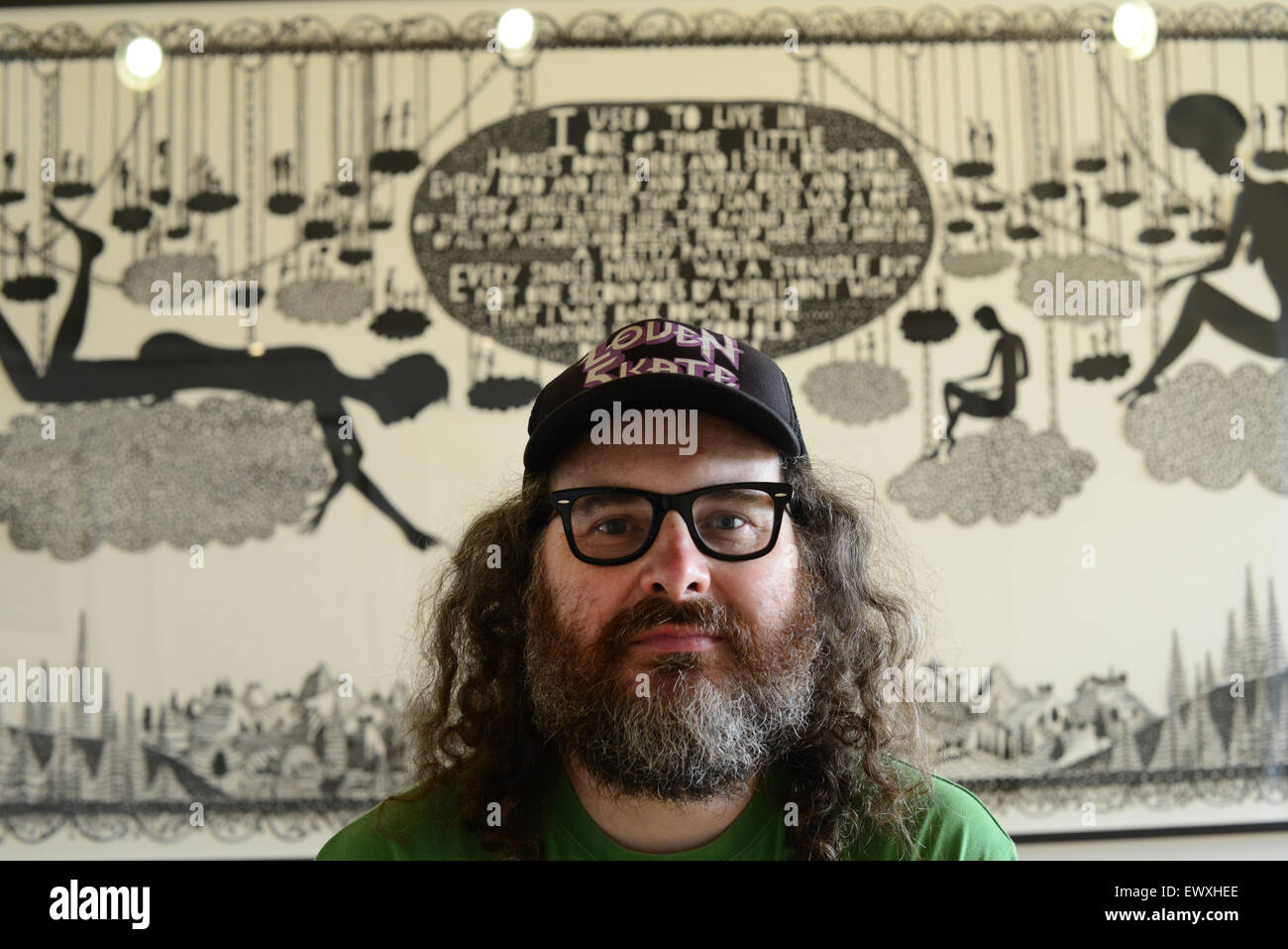 Fine artist Rob Ryan is shown at Yorkshire Sculpture Park with some of ...