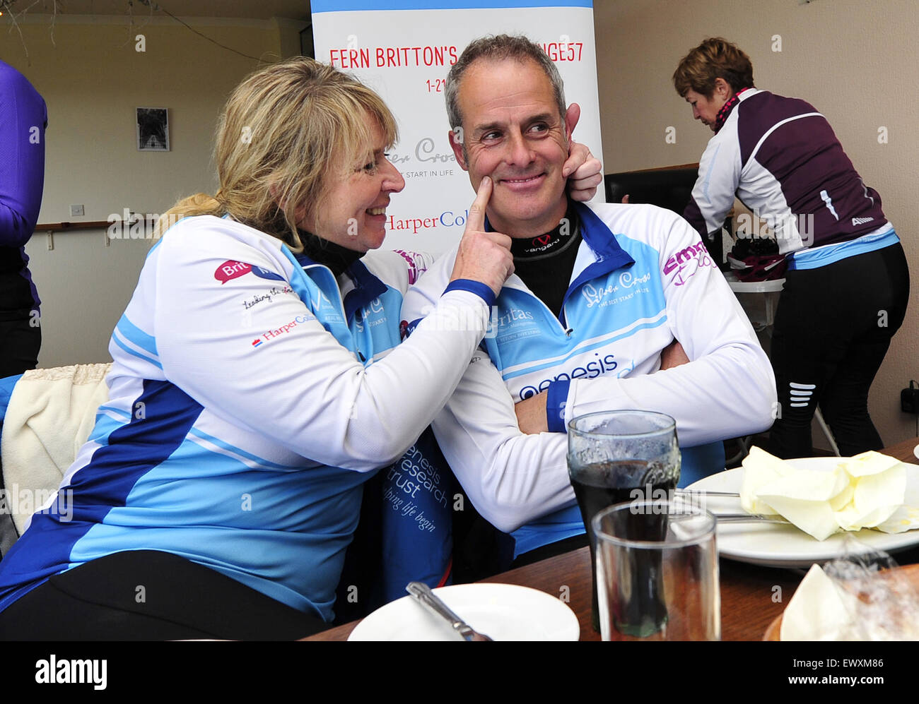 Fern Britton is pictured at lunch with husband and cycle companion Phil ...