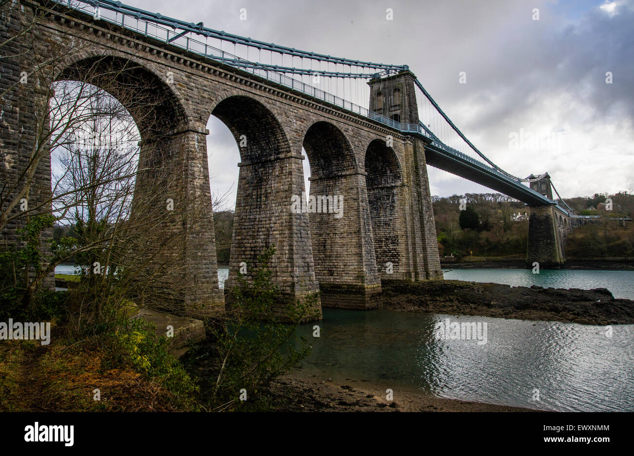 Menai suspension Bridge crossing the Menai straight Anglesey North ...