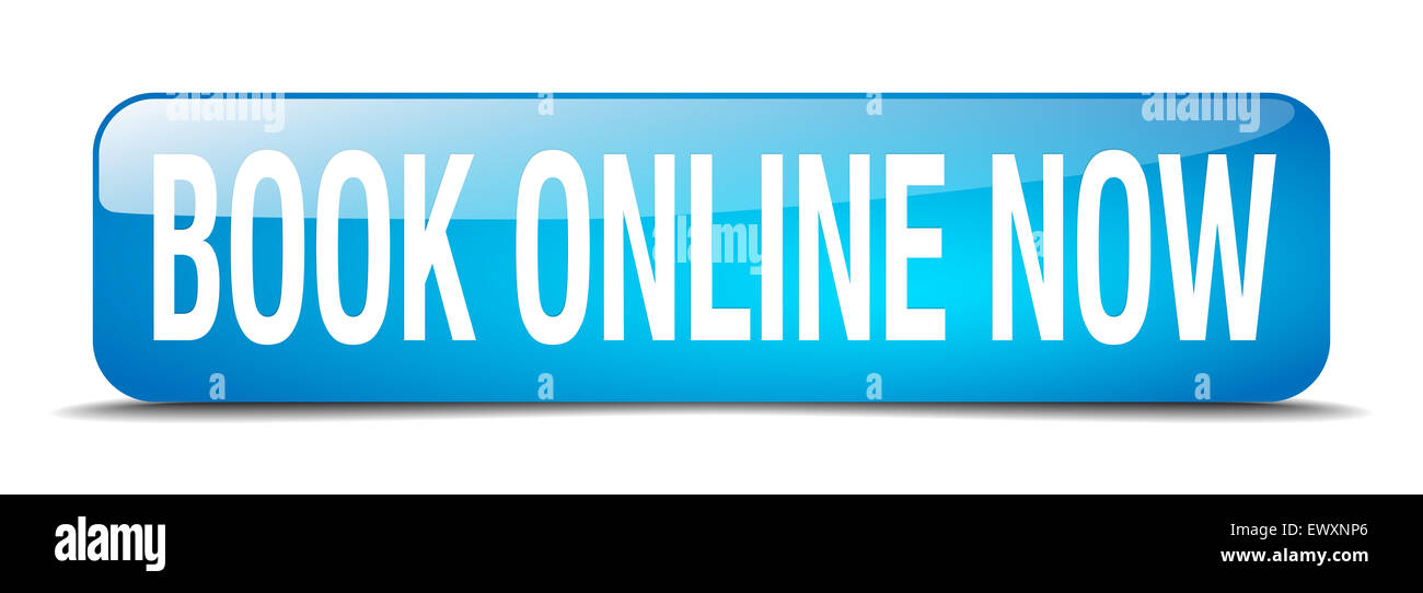 book online now blue square 3d realistic isolated web button Stock ...