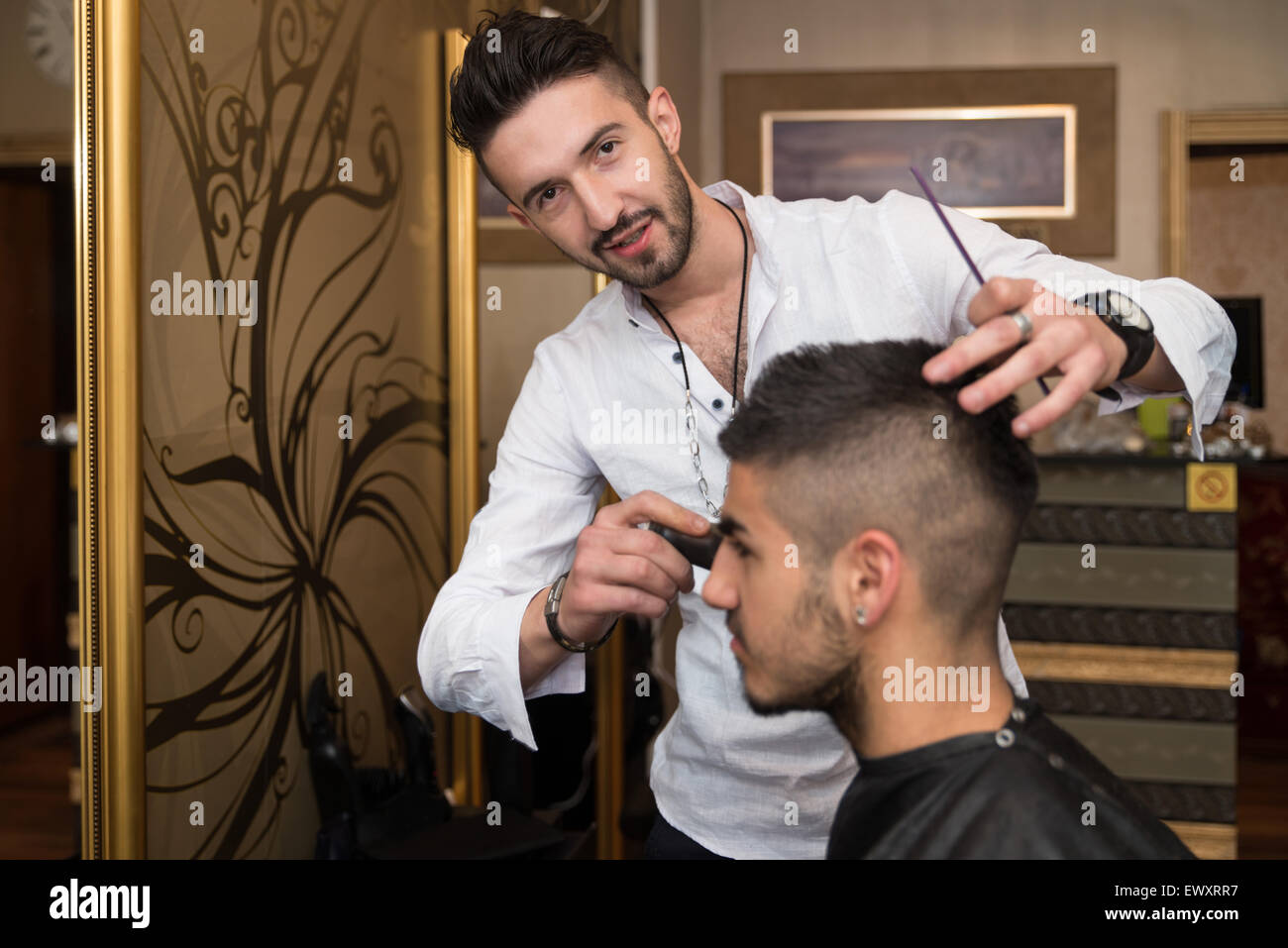 Handsome Young Hairdresser Giving A New Haircut To Male Customer At ...