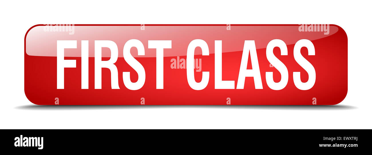 first class red square 3d realistic isolated web button Stock Photo - Alamy