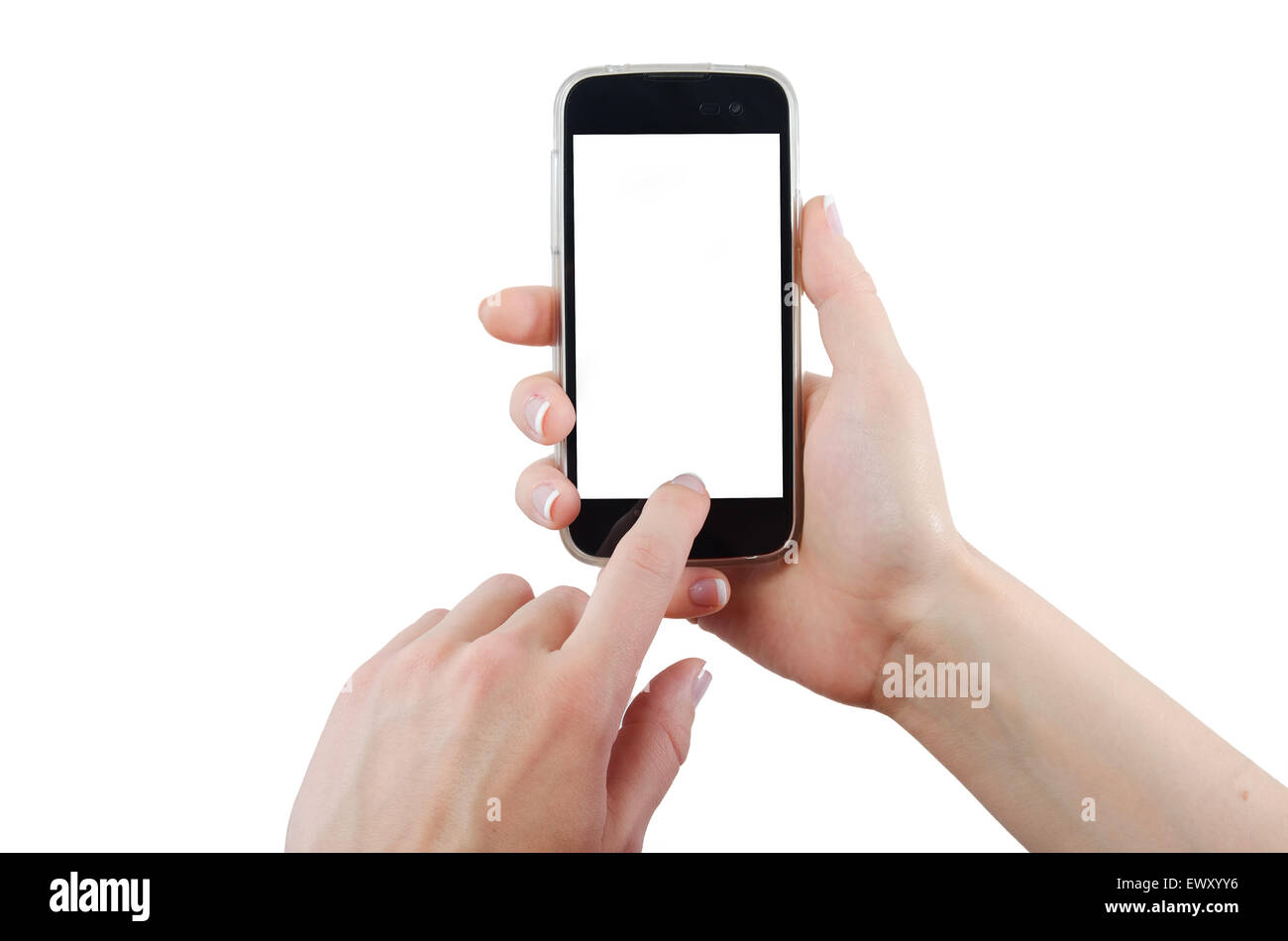Human hand holding cell phone (smartphone) with blank empty screen ...