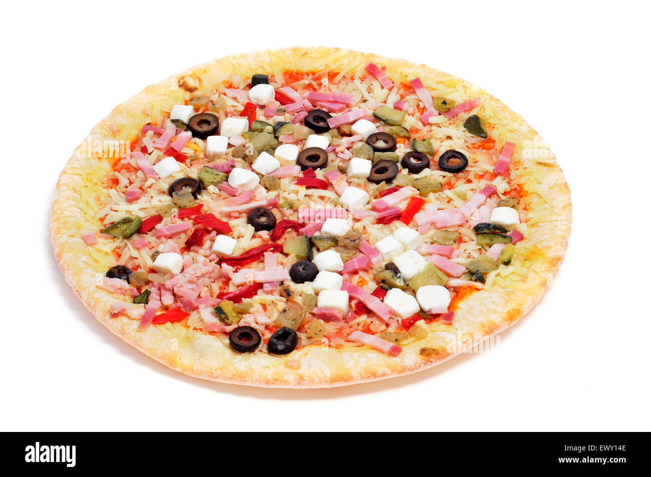 precooked pizza with bacon, olives, cherry tomatoes, goat cheese, red ...