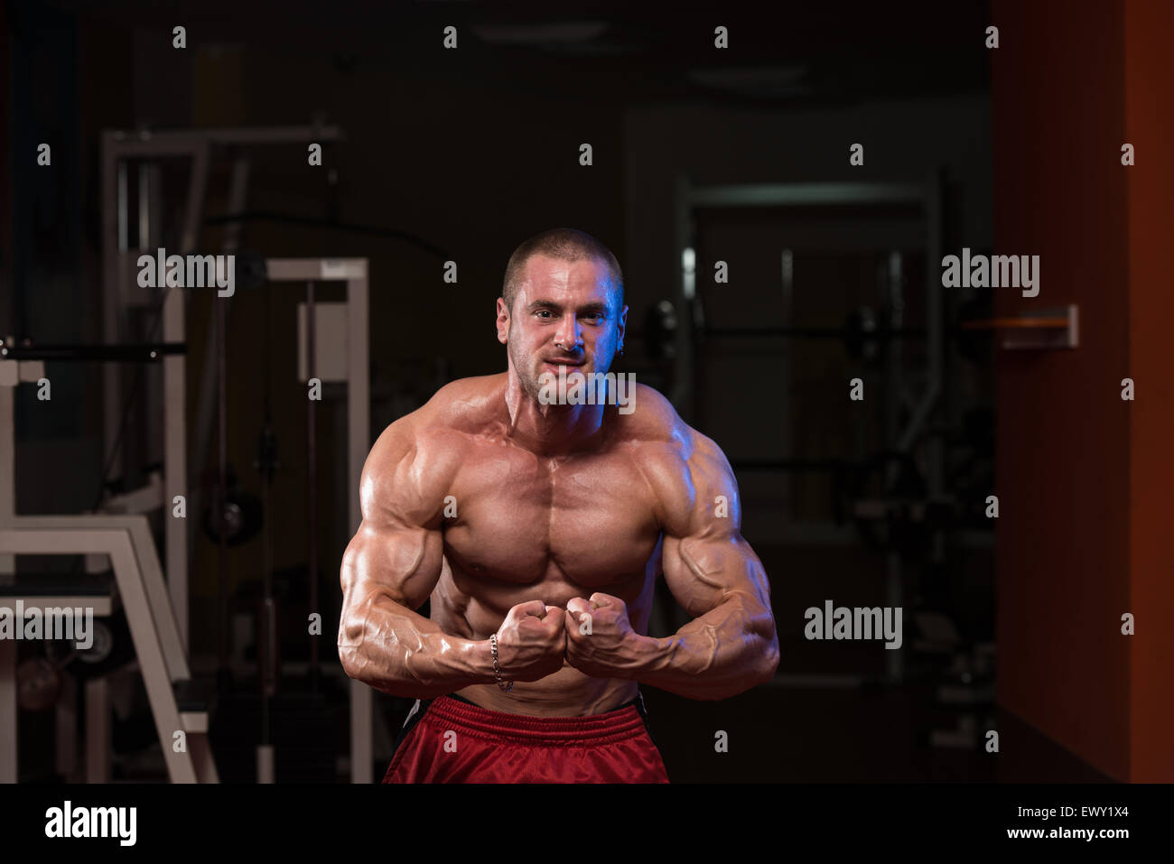 Serious Bodybuilder Standing In The Gym And Flexing Muscles Stock Photo ...