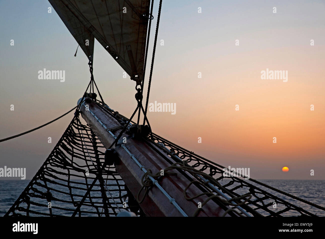 Safety net under bowsprit of three-masted topsail schooner ...